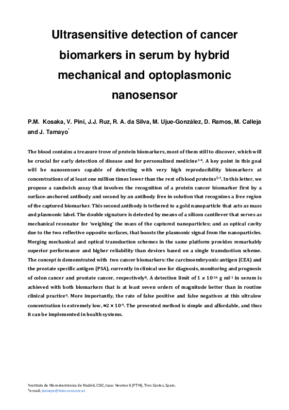 (PDF) Detection of cancer biomarkers in serum using a hybrid mechanical and optoplasmonic nanosensor