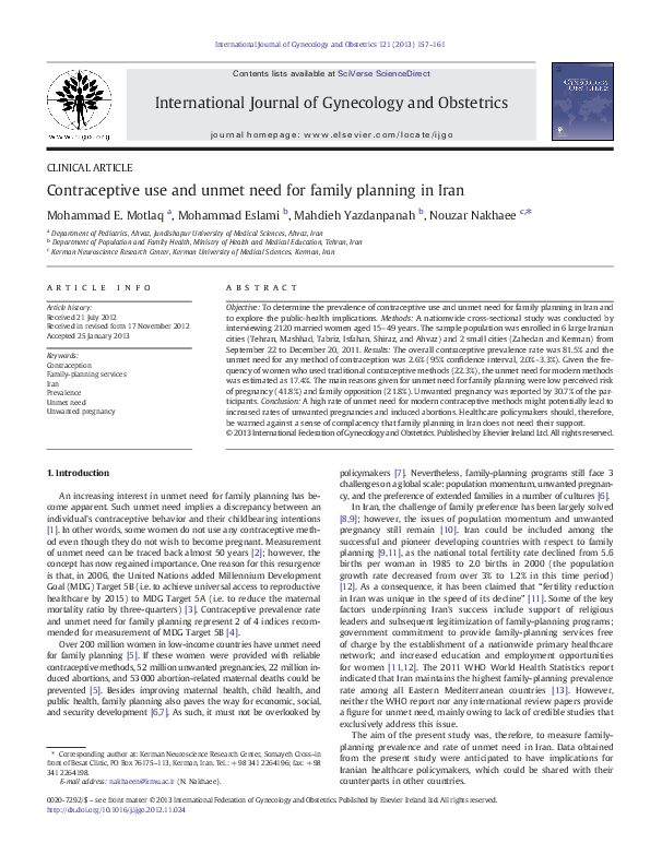 (PDF) Contraceptive use and unmet need for family planning in Iran