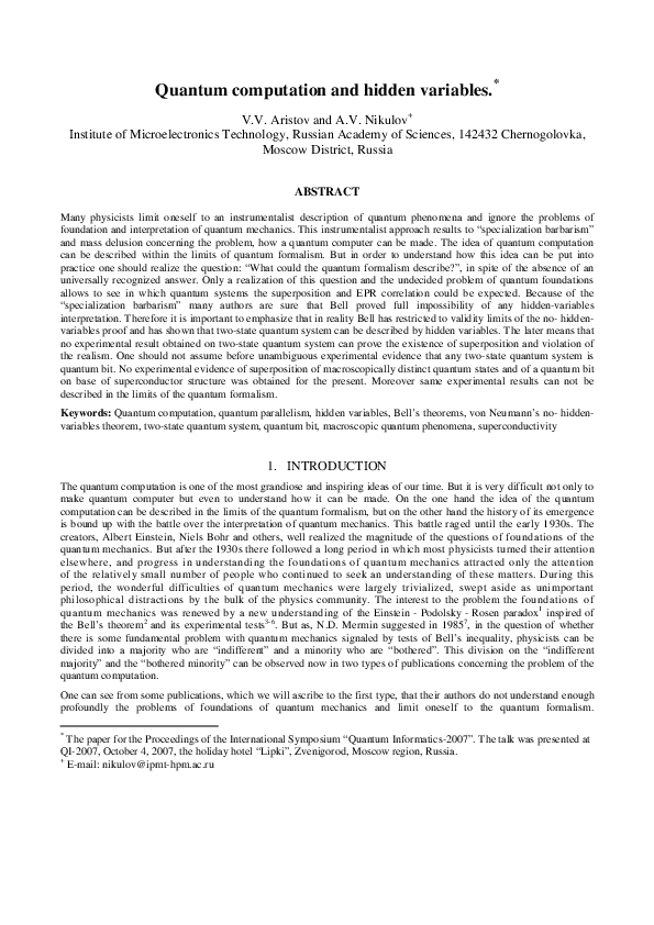 (PDF) Quantum computation and hidden variables