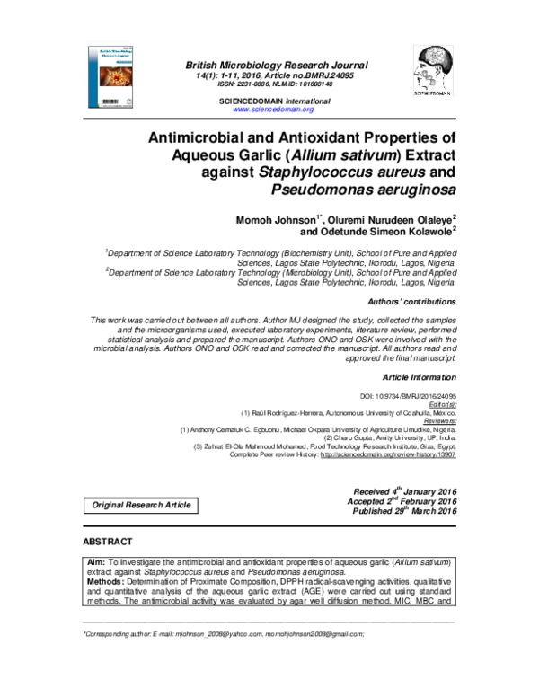 (PDF) Antimicrobial and Antioxidant Properties of Aqueous Garlic (Allium sativum) Extract ...