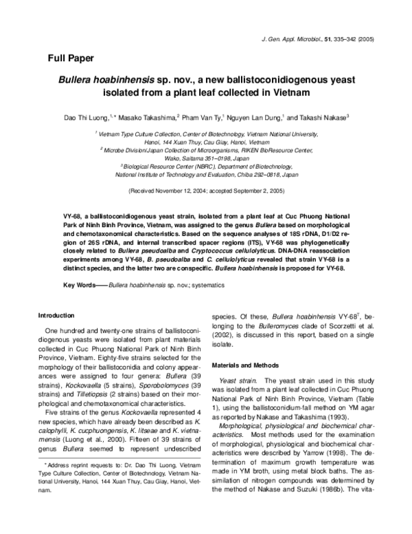 (PDF) Bullera hoabinhensis sp. nov., a new ballistoconidiogenous yeast ...