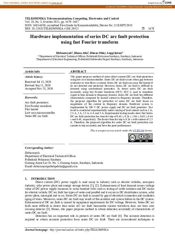 Pdf Hardware Implementation Of Series Dc Arc Fault Protection Using Fast Fourier Transform