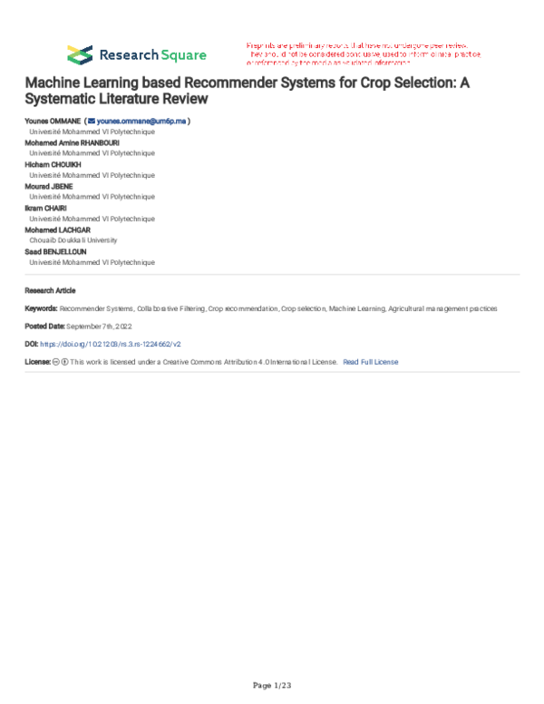 Pdf Machine Learning Based Recommender Systems For Crop Selection A Systematic Literature Review