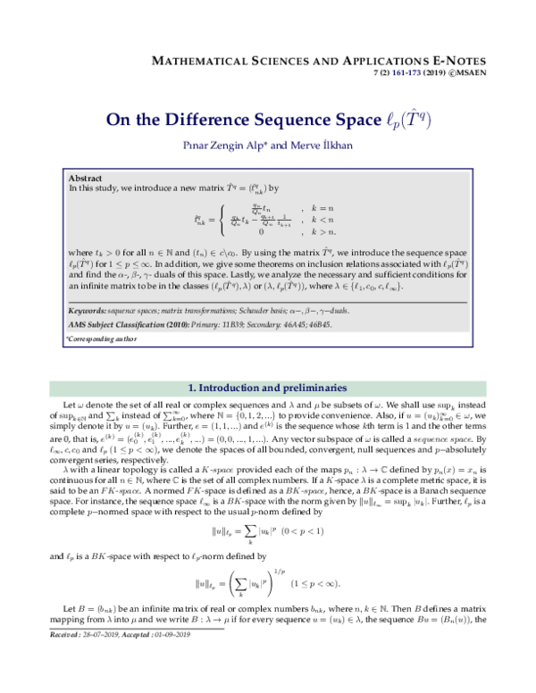 (PDF) On The Difference Sequence Space $l_p(\hat{T}^q)$