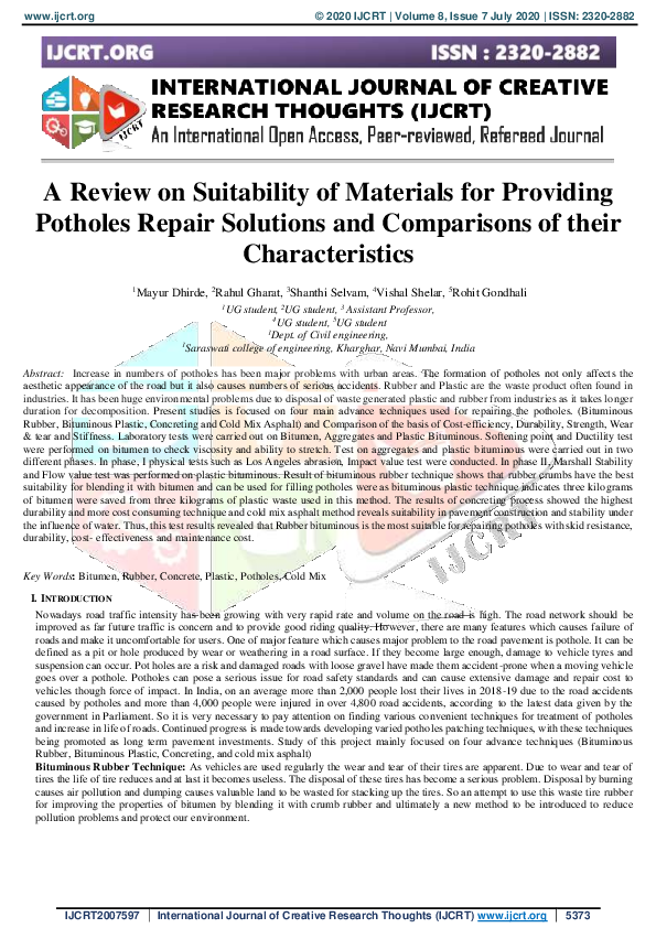 (PDF) A Review on Suitability of Materials for Providing Potholes ...