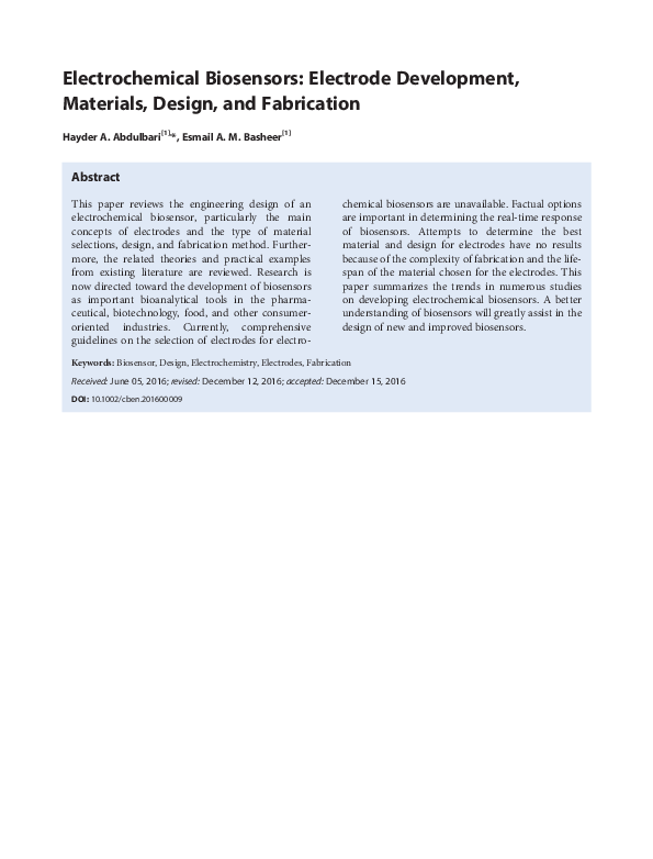 (PDF) Electrochemical Biosensors: Electrode Development, Materials ... (PDF) Electrochemical Biosensors: Electrode Development, Materials ...