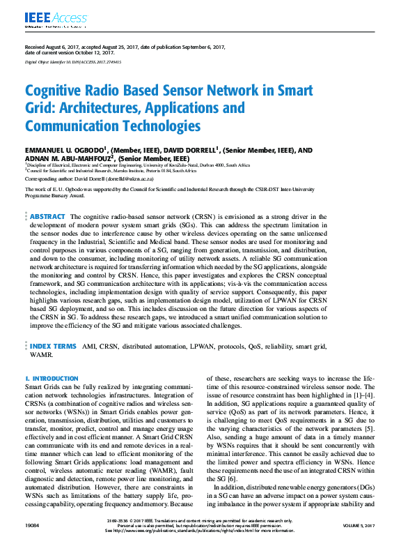 (PDF) Cognitive Radio Sensor Networks for Smart Grids