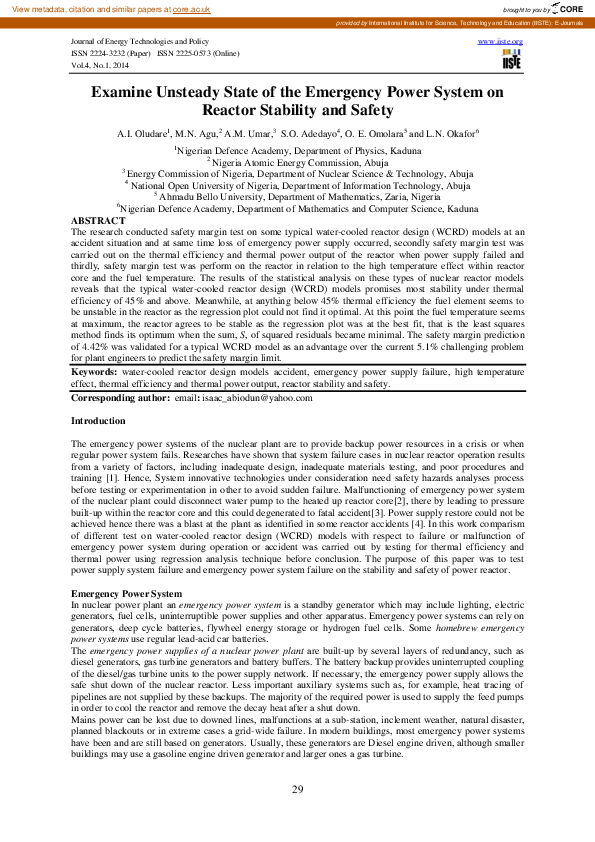 (PDF) Examine Unsteady State of the Emergency Power System on Reactor ...