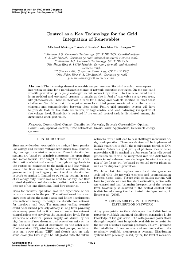 Pdf Control As A Key Technology For The Grid Integration Of Renewables