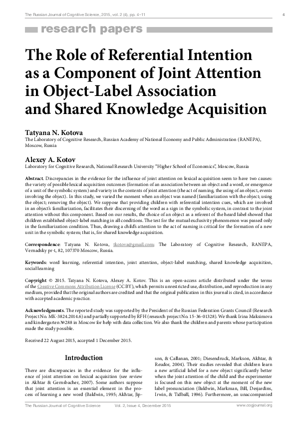 (PDF) The Role of Referential Intention as a Component of Joint Attention in Object-Label ...