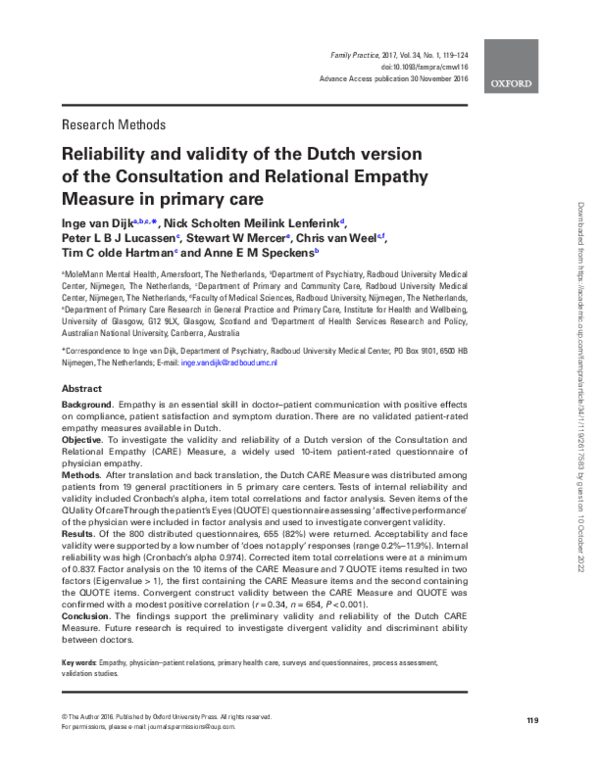 Pdf Reliability And Validity Of The Dutch Version Of The Consultation