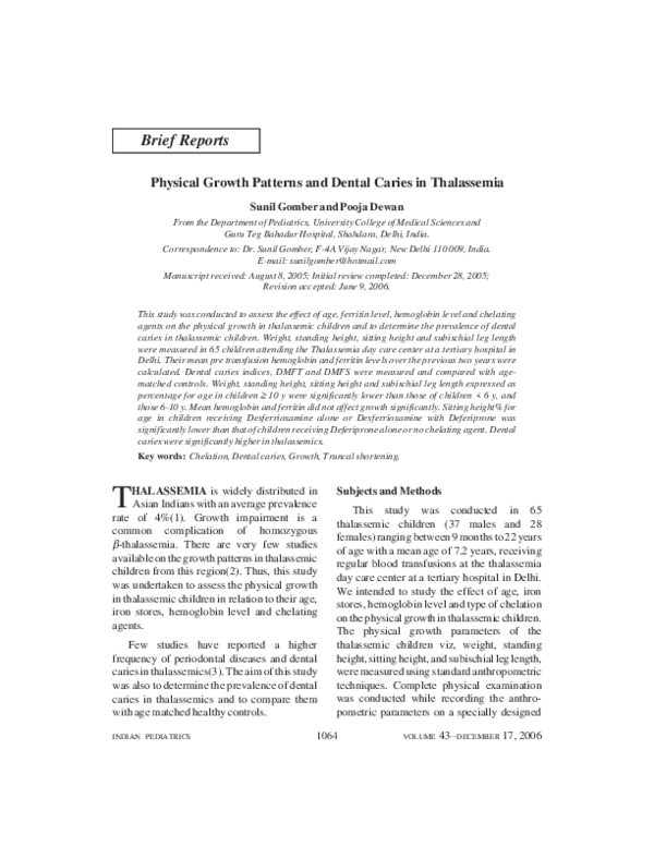(PDF) Physical growth patterns and dental caries in thalassemia | Pooja ...