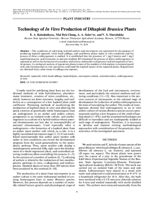 (PDF) Technology of In Vitro production of dihaploid Brassica plants