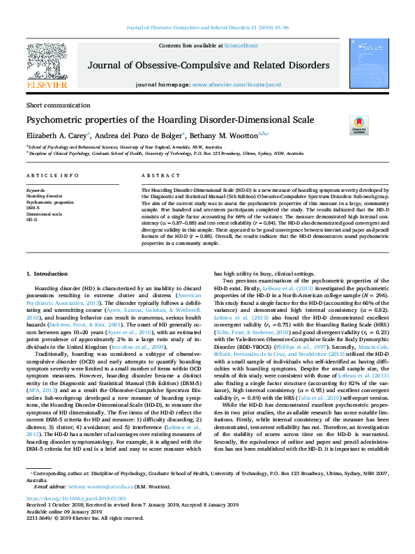 (PDF) Psychometric Properties of the Hoarding Disorder-Dimensional Scale