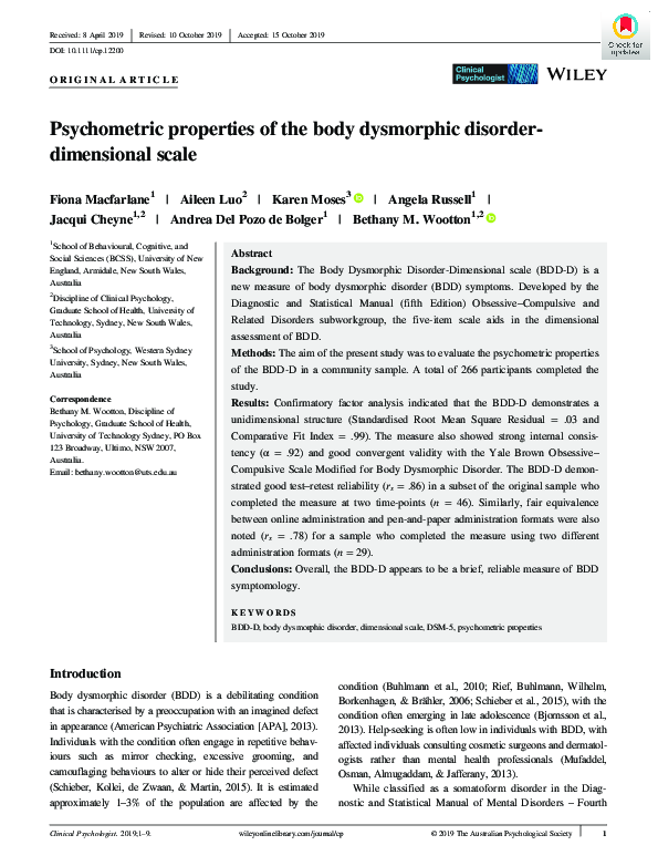 (PDF) Psychometric properties of the body dysmorphic disorder ...
