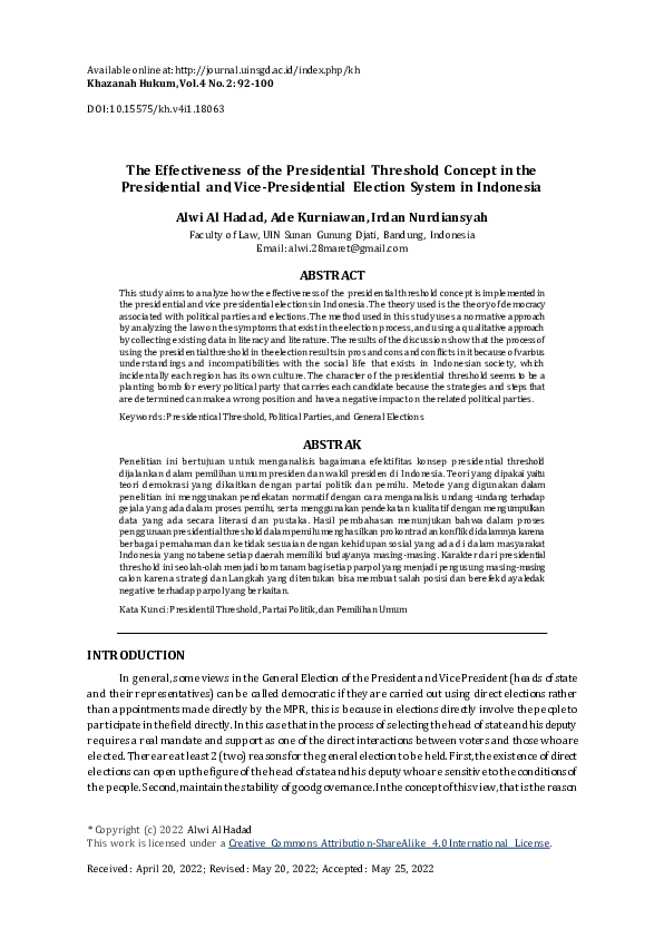 (PDF) The Effectiveness of the Presidential Threshold Concept in the Presidential and Vice ...