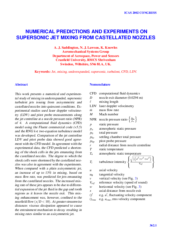 (PDF) Numerical Predictions and Experiments on Supersonic Jet Mixing ...