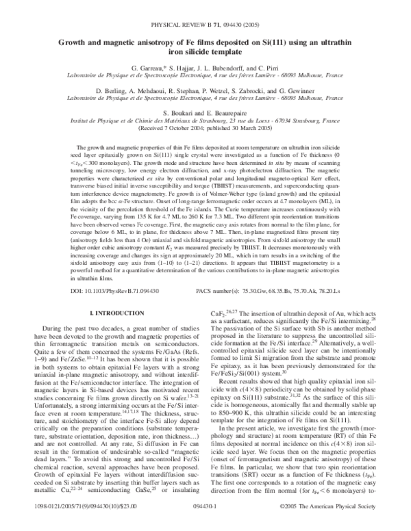 (PDF) Growth and magnetic anisotropy of Fe films deposited on Si(111) using an ultrathin iron ...