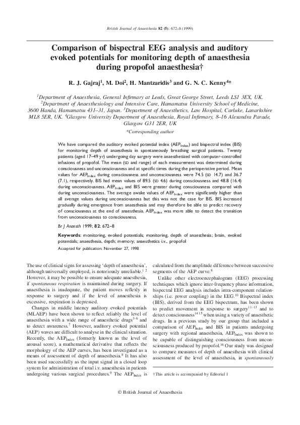 (PDF) Comparison of bispectral EEG analysis and auditory evoked potentials for monitoring depth ...