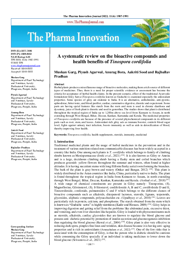 (PDF) A systematic review on the bioactive compounds and health benefits of Tinospora cordifolia