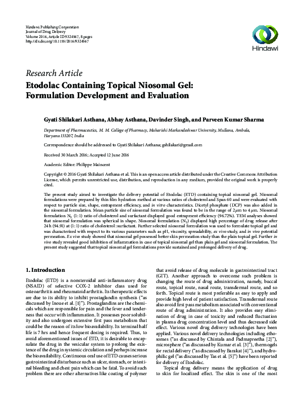 (PDF) Etodolac Containing Topical Niosomal Gel: Formulation Development ...