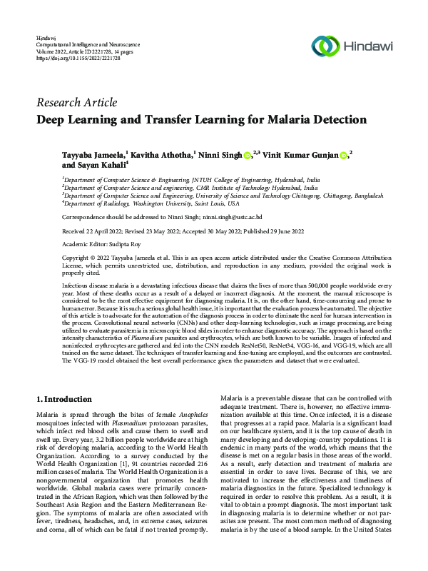 (PDF) Deep Learning and Transfer Learning for Malaria Detection