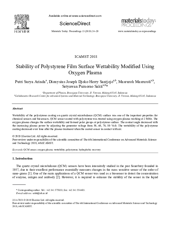 (PDF) Stability of Polystyrene Film Surface Wettability Modified Using ...