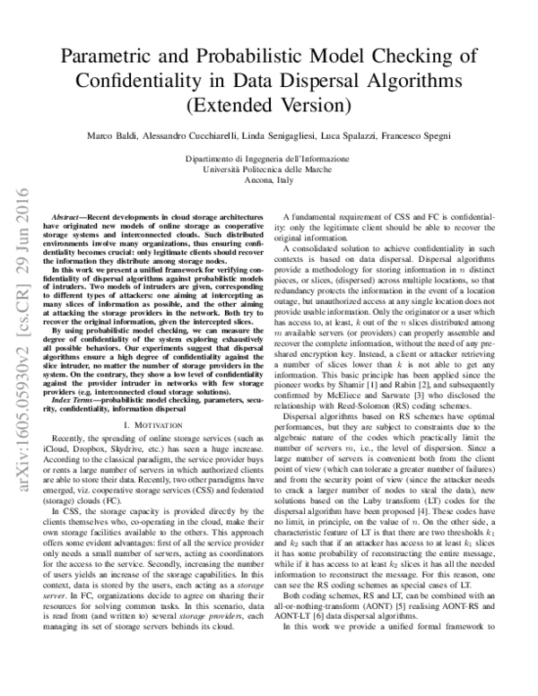 (PDF) Parametric and probabilistic model checking of confidentiality in data dispersal algorithms