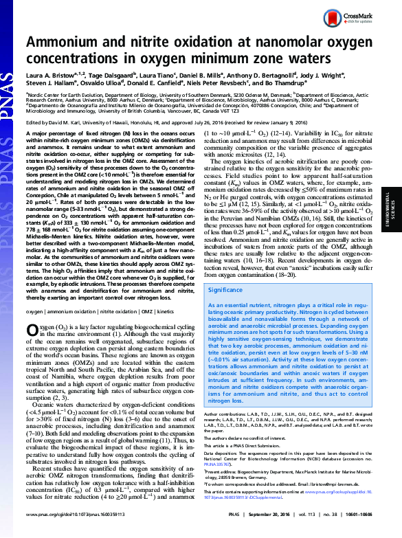 (PDF) Ammonium and nitrite oxidation at nanomolar oxygen concentrations in oxygen minimum zone ...