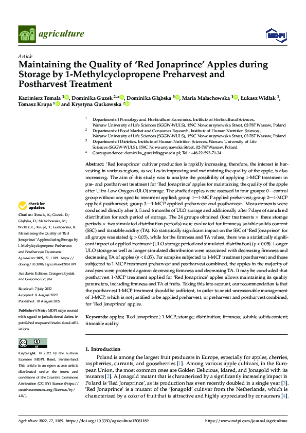 (PDF) Maintaining the Quality of ‘Red Jonaprince’ Apples during Storage by 1-Methylcyclopropene ...
