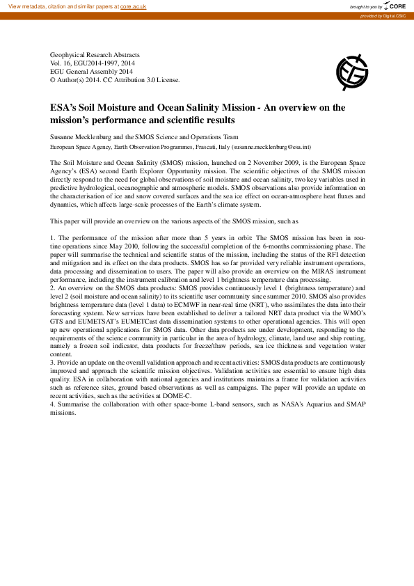 (PDF) ESA’s Soil Moisture and Ocean Salinity Mission ‐ An overview on ... (PDF) ESA’s Soil Moisture and Ocean Salinity Mission ‐ An overview on ...
