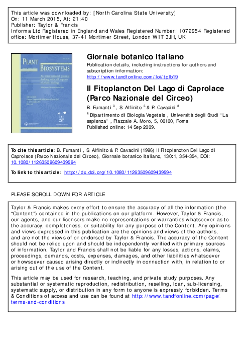 (PDF) Il Fitoplancton Del Lago di Caprolace (Parco Nazionale del Circeo)