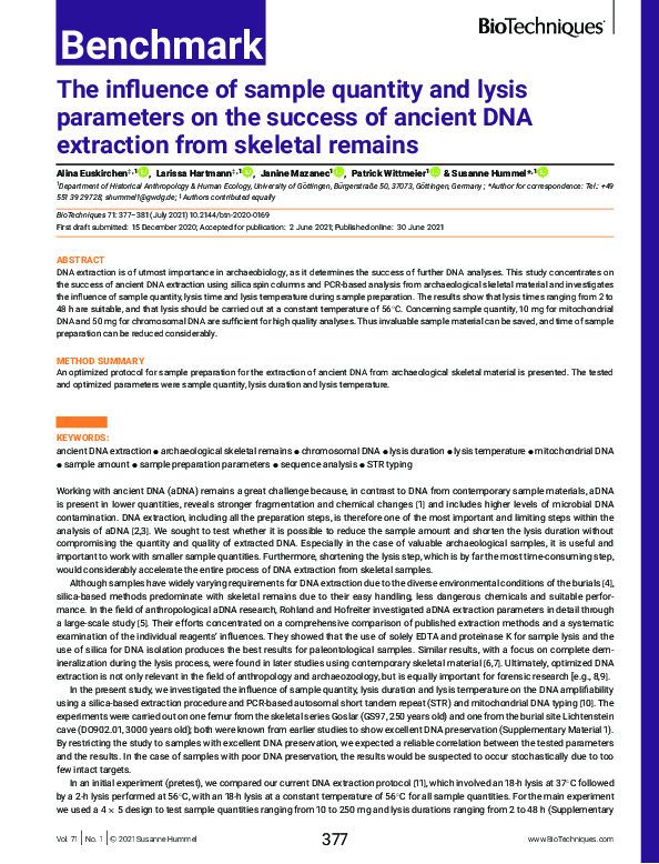 Pdf The Influence Of Sample Quantity And Lysis Parameters On The