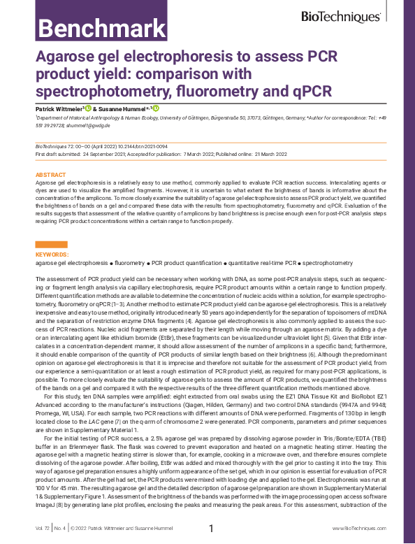 (PDF) Agarose gel electrophoresis to assess PCR product yield ...