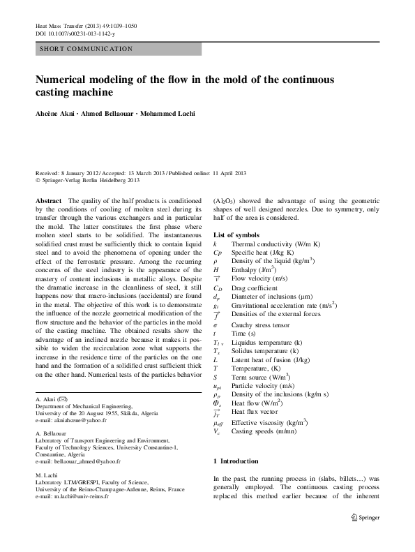 (PDF) Numerical modeling of the flow in the mold of the continuous ... (PDF) Numerical modeling of the flow in the mold of the continuous ...