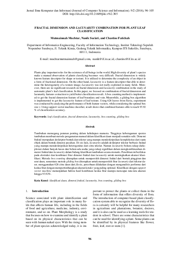 (PDF) Fractal Dimension and Lacunarity Combination for Plant Leaf Classification