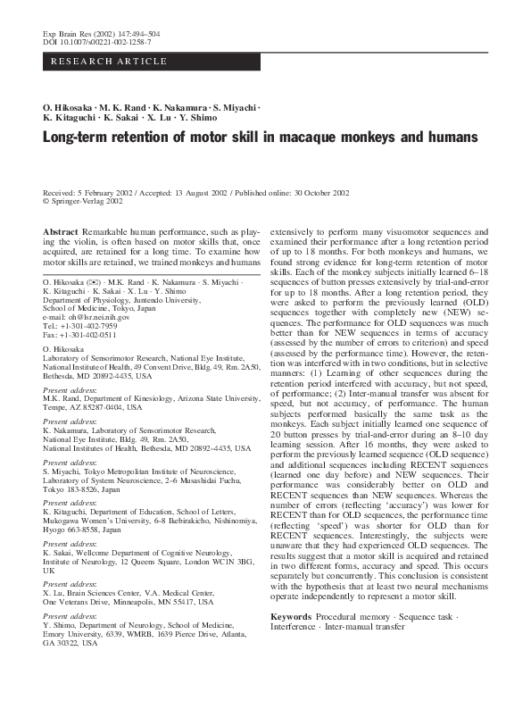 (PDF) Long-term retention of motor skill in macaque monkeys and humans