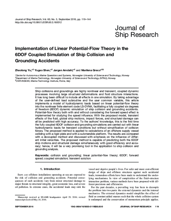 (PDF) Implementation of Linear Potential-Flow Theory in the 6DOF Coupled Simulation of Ship ...
