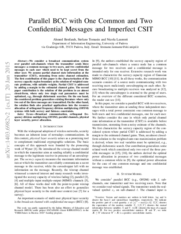 (PDF) Parallel BCC with one common and two confidential messages and ...