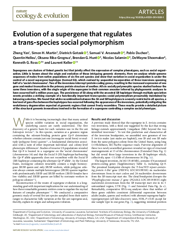 (PDF) Evolution of a supergene that regulates a trans-species social ...