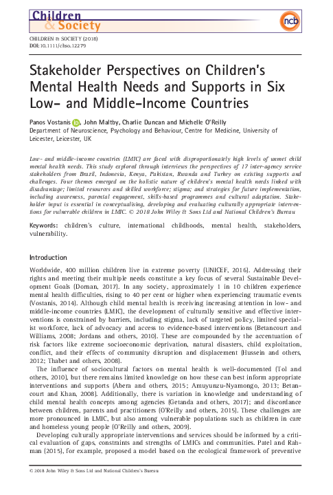 (PDF) Stakeholder Perspectives on Children's Mental Health Needs and Supports in Six Low- and ...