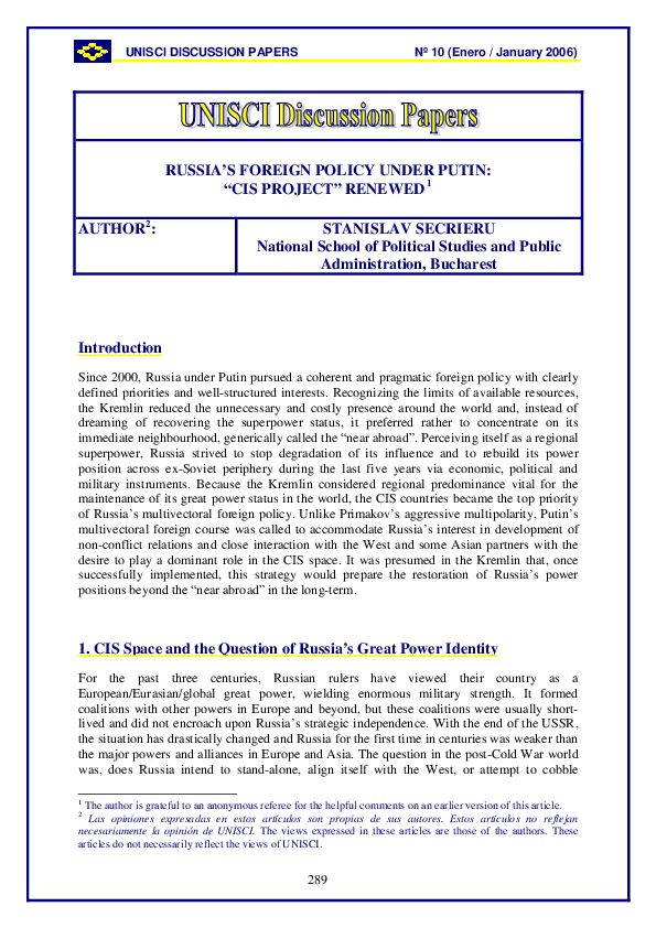 (PDF) Russia’s Foreign Policy under Putin: “CIS Project” Renewed