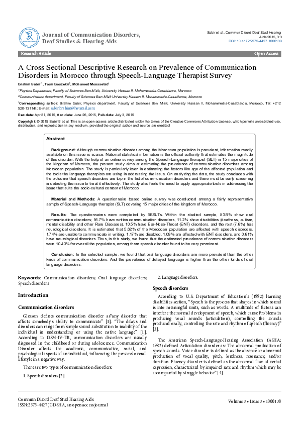 (PDF) A Cross Sectional Descriptive Research on Prevalence of Communication Disorders in Morocco ...