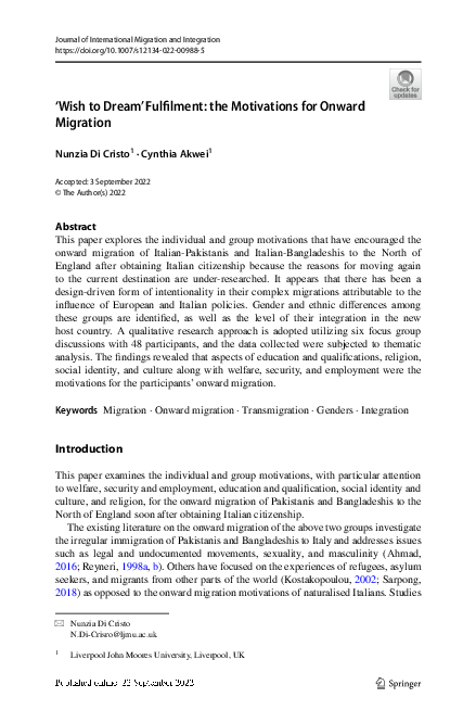 (PDF) ‘Wish to Dream’ Fulfilment: the Motivations for Onward Migration