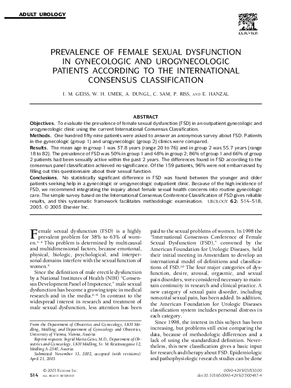 Pdf Prevalence Of Female Sexual Dysfunction In Gynecologic And