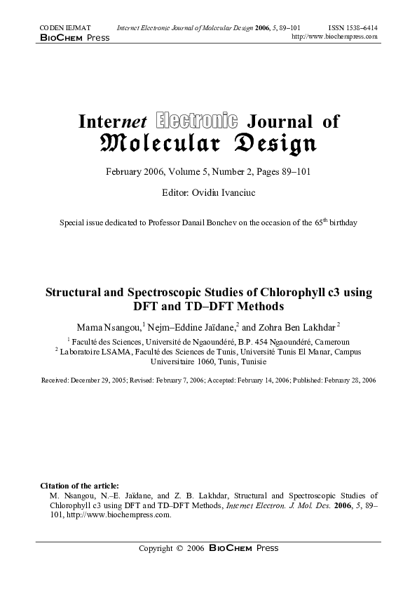 (PDF) Pages 89-101 Chlorophyll c3 using DFT and TD-DFT Methods
