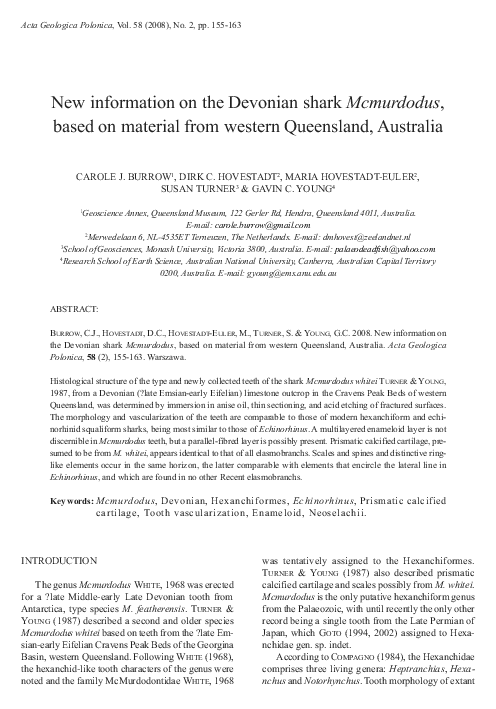 (PDF) New information on the Devonian shark Mcmurdodus, based on ...