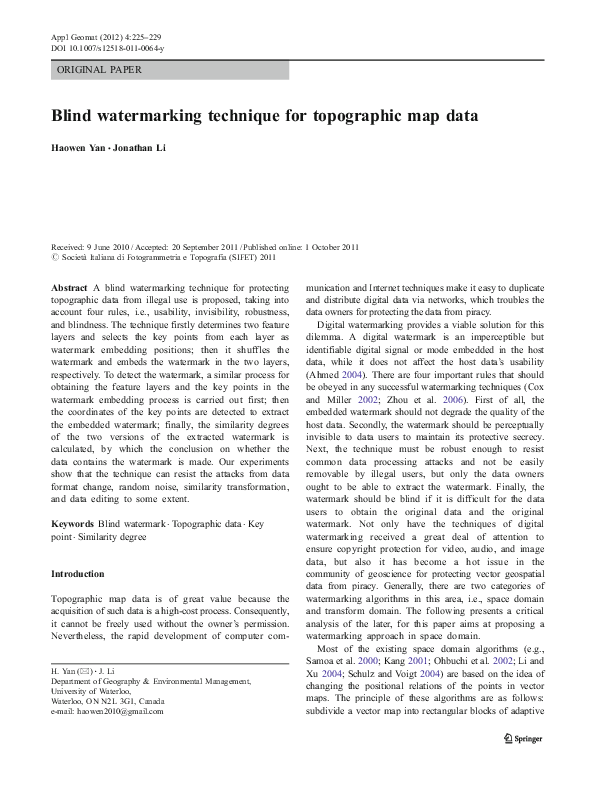 Pdf Blind Watermarking Technique For Topographic Map Data