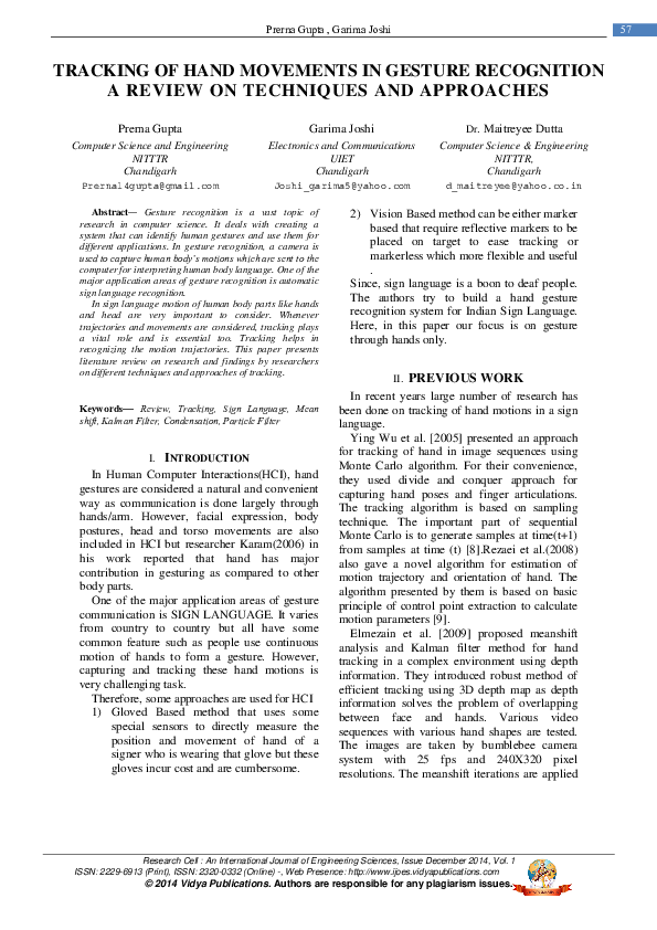 (PDF) Tracking of Hand Movements in Gesture Recognition a Review on ...