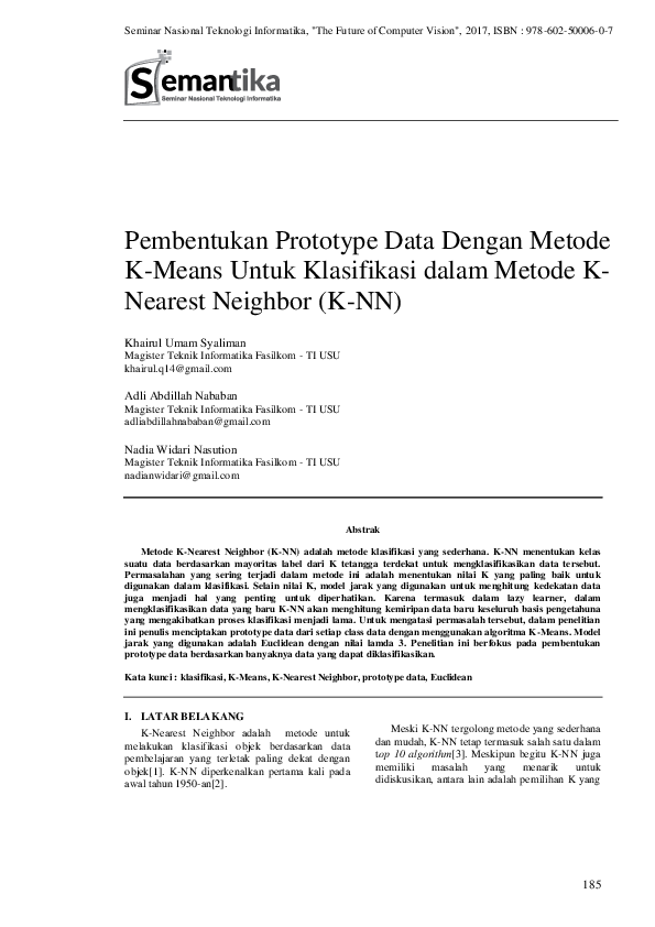 (PDF) Pembentukan Prototype Data Dengan Metode K-Means Untuk Klasifikasi dalam Metode K-Nearest ...